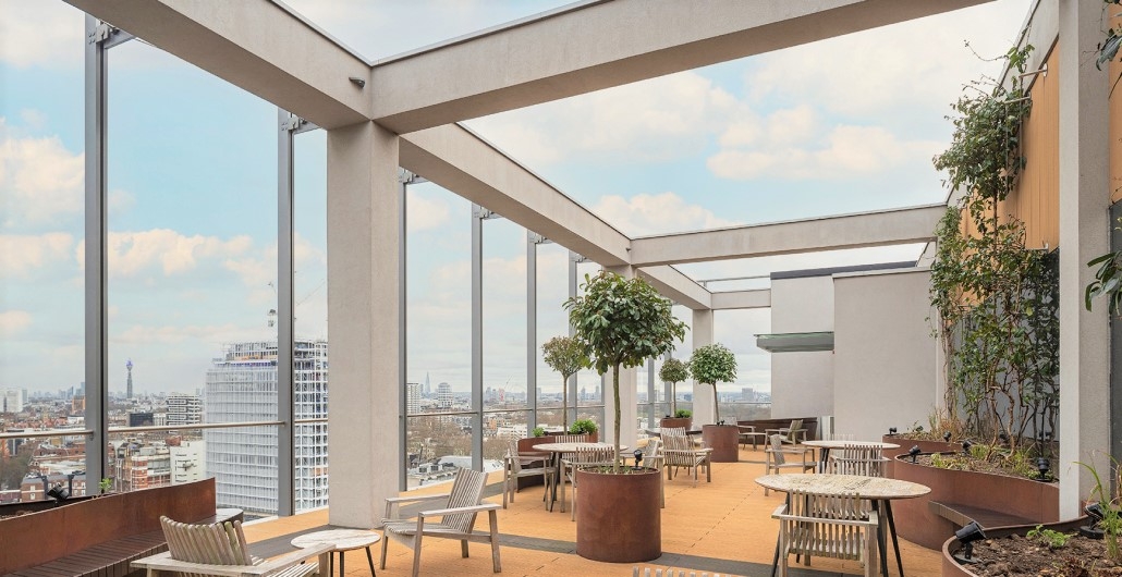 The roof terrace at 20 Eastbourne Terrace offers sweeping views of London.